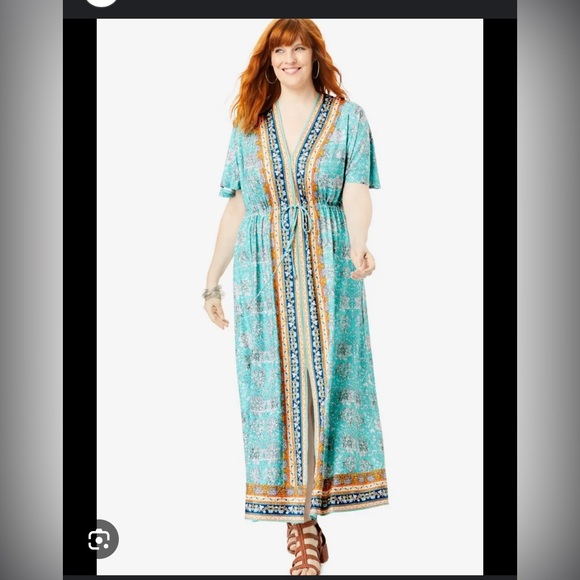 Roaman's | Dresses | Roamans Boho Style Aqua And Gold Patterned Maxi ...